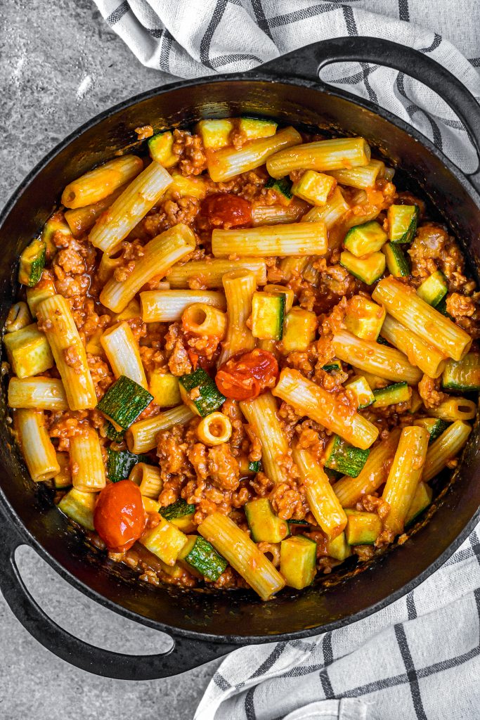Rigatoni with Sausage, Tomatoes and Zucchini - CheekyKitchen