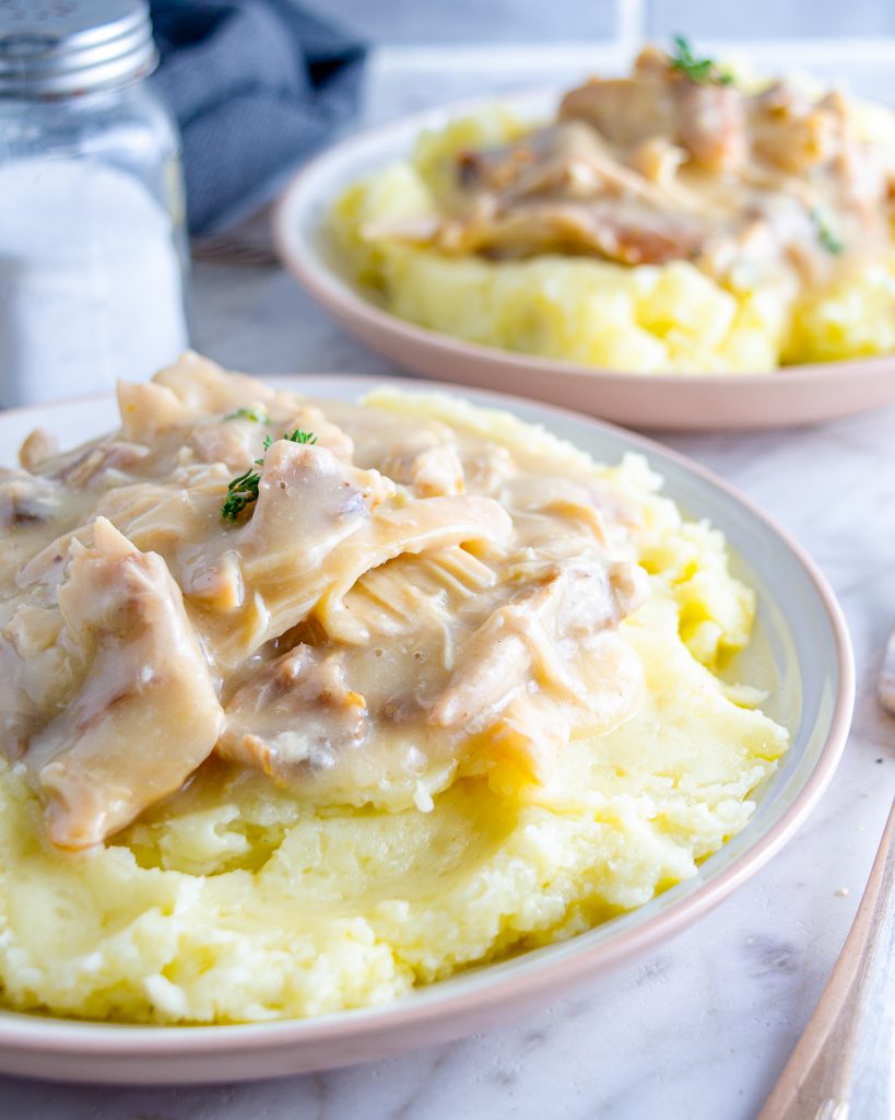 Shredded Chicken Gravy on Mashed Potatoes - CheekyKitchen